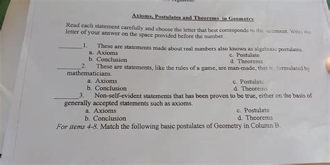 solved axioms postulates and theorems in geometry read each statement carefully and choose the