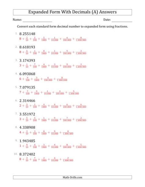 converting standard form decimals to expanded form using fractions 1 digit before the decimal