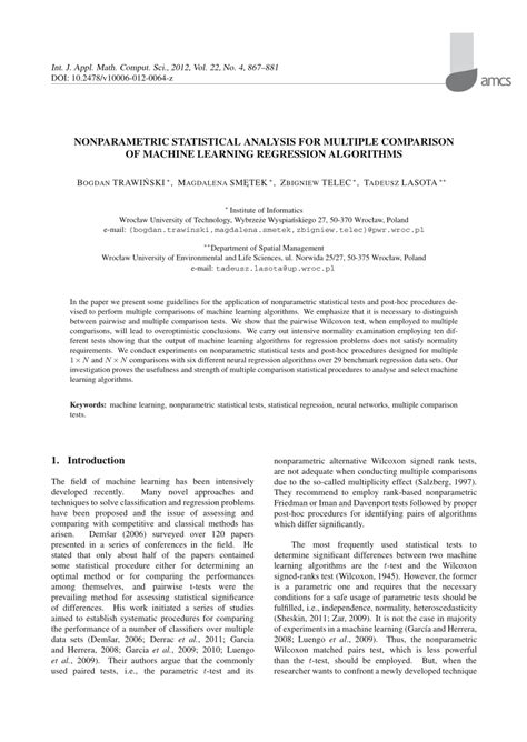 pdf nonparametric statistical analysis for multiple comparison of machine learning regression