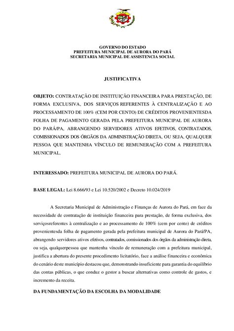 Justificativa Prefeitura Municipal De Aurora Do Par Gest O