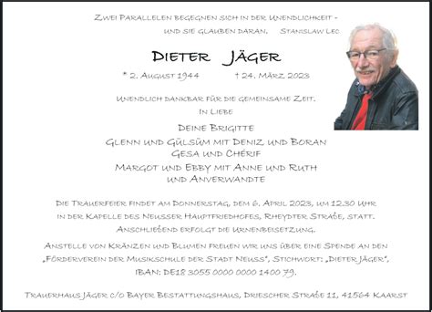 Alle Traueranzeigen für Dieter Jäger trauer rp online de