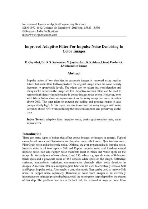 pdf improved adaptive filter for impulse noise denoising in color images