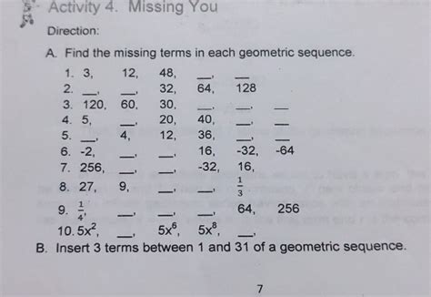 solved activity 4 missing you direction a find the missing terms in each geometric sequence