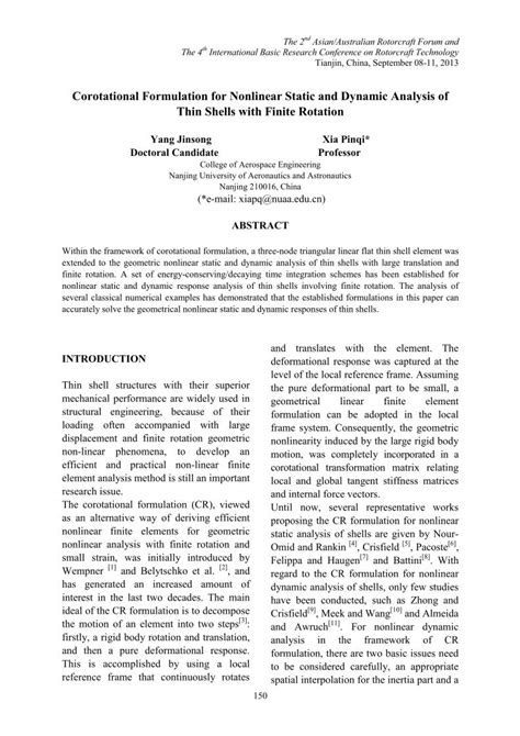 corotational formulation for nonlinear static and dynamic analysis of thin shells with finite