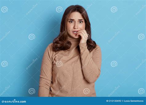 Anxious Unsure Worried Cute Intense Attractive Girlfriend Worry Biting Fingers Stare Camera