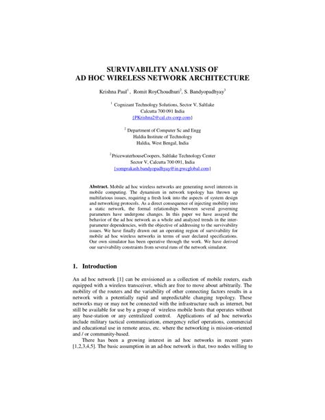 pdf survivability analysis of ad hoc wireless network architecture