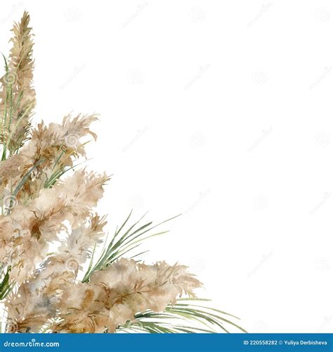 Watercolor Tropical Border Of Green And Dry Pampas Grass Hand Painted