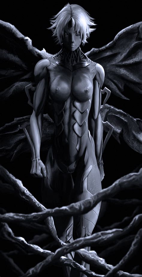 Rule 34 Armor Athletic Female Claymore Covered Pussy Demon Girl Exposed Breasts Greyscale Horn