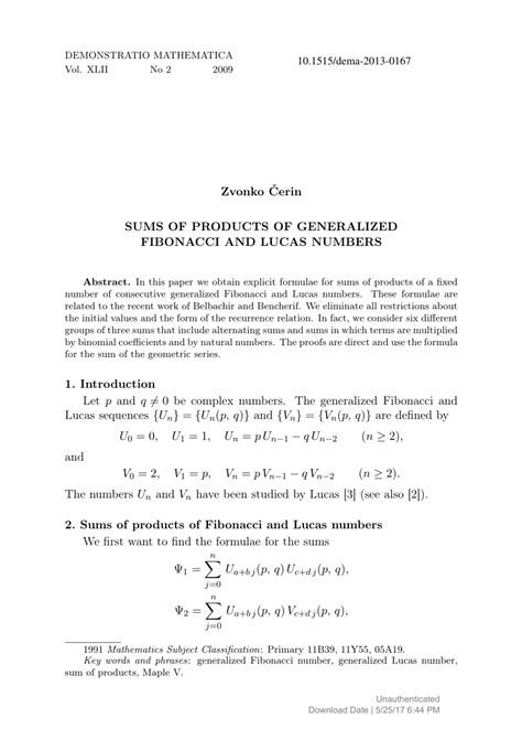pdf sums of products of generalized fibonacci and lucas numbers
