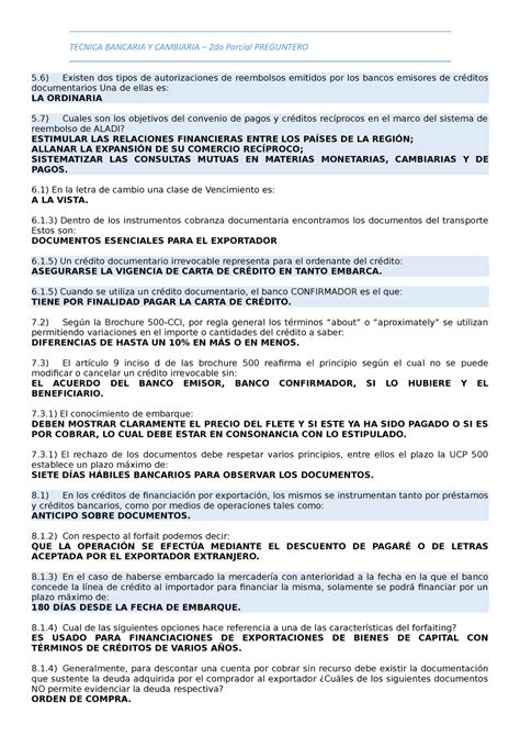 Compilado Preguntero Segundo Parcial TECNICA BANCARIA Y CAMBIARIA