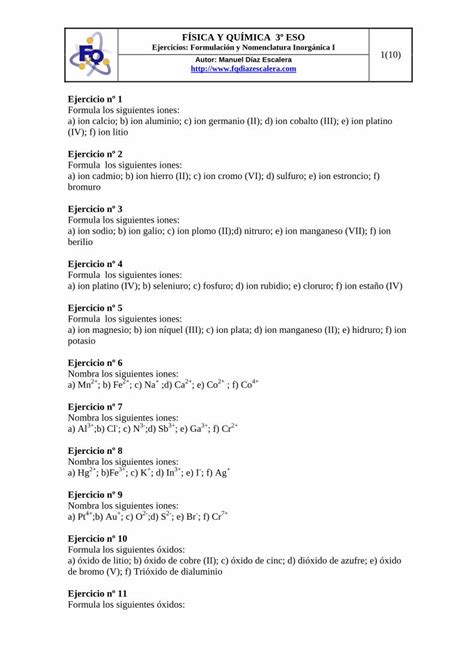 PDF Ejercicios de Formulación y Nomenclatura Inorgánica I PDF file1