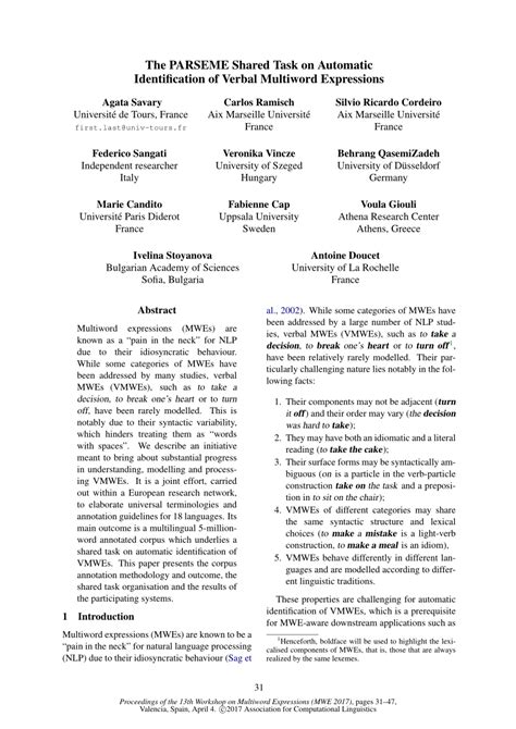 pdf the parseme shared task on automatic identification of verbal multiword expressions