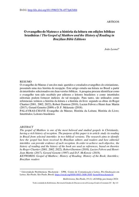 Pdf O Evangelho De Mateus E A Hist Ria Da Leitura Em Edi Es B Blicas