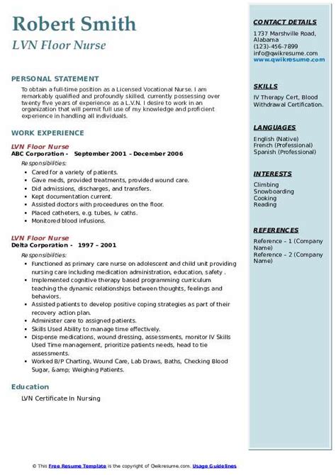 Lvn Floor Nurse Resume Samples Qwikresume
