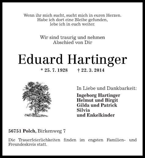Traueranzeigen Von Eduard Hartinger Rz Trauer De