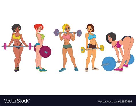 Set Of Sexy Fitness Girls With Barbell On White Ba