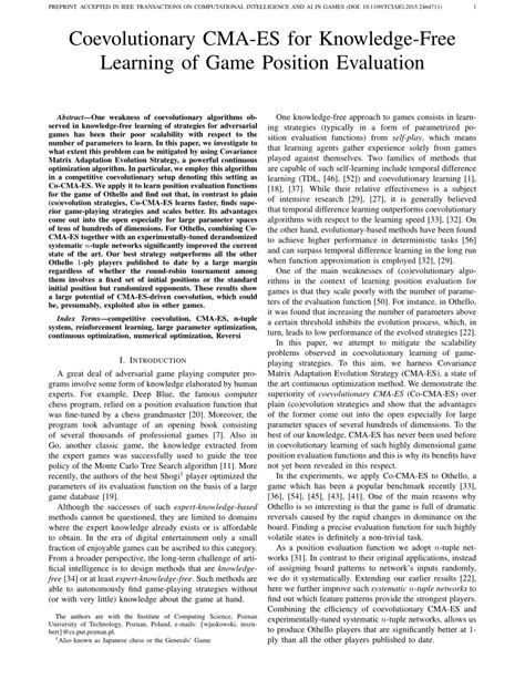 pdf coevolutionary cma es for knowledge free learning of game position evaluation