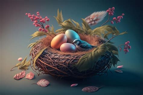 Un pájaro se sienta en un nido con huevos y flores Foto Premium