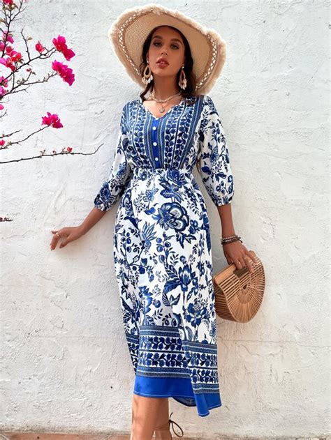 SHEIN VCAY Vestido con estampado floral de manga farol con botón falso