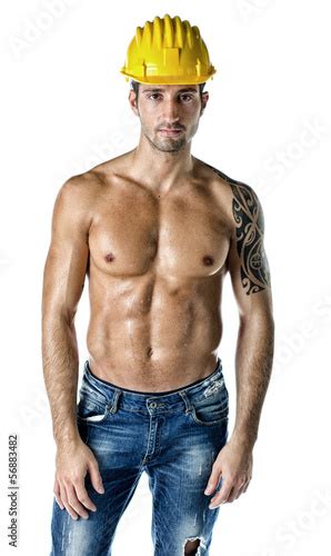 Handsome Muscular Construction Worker Shirtless On White Stock Photo