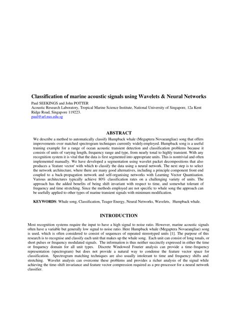 pdf classification of marine acoustic signals using wavelets and neural networks