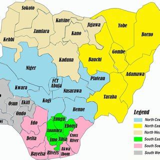 Map Of Nigeria Showing The Six Regions 36 States And Federal Capital