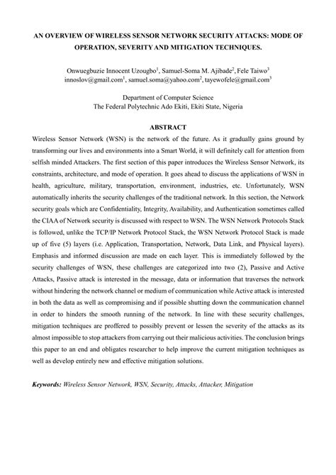 pdf an overview of wireless sensor network security attacks mode of operation severity and