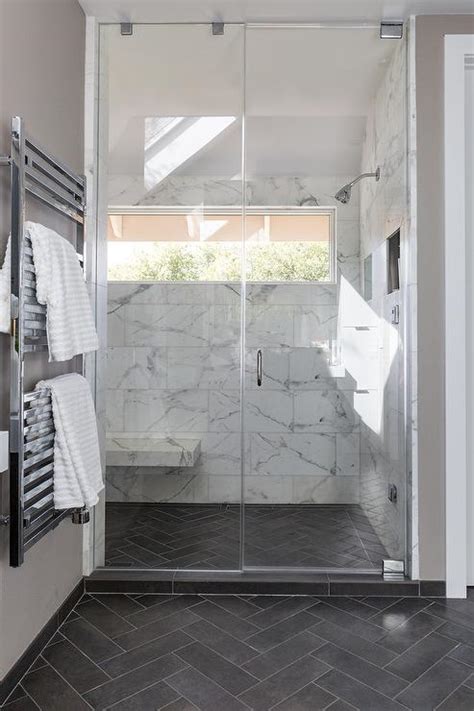 Dark Gray Slate Herringbone Pattern Bath Floor Tiles Transitional