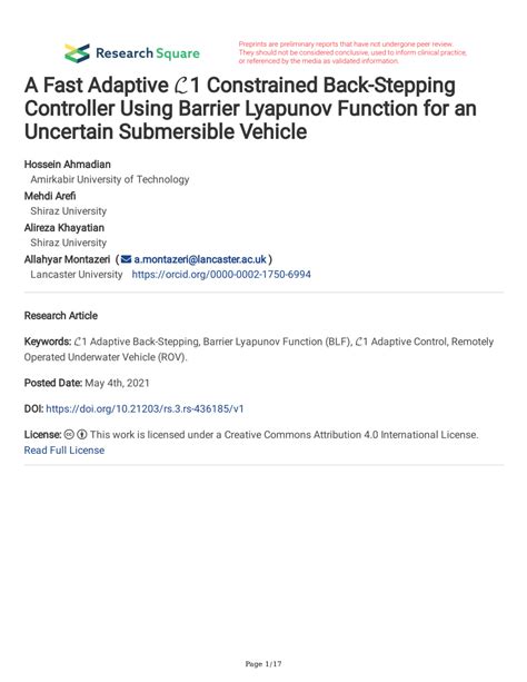 pdf a fast adaptive ℒ1 constrained back stepping controller using barrier lyapunov function