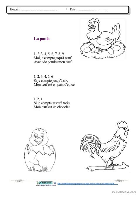 La Poule Et Les Nombres Fran Ais Fle Fiches Pedagogiques Pdf Doc
