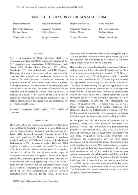pdf modes of operation of the aes algorithm