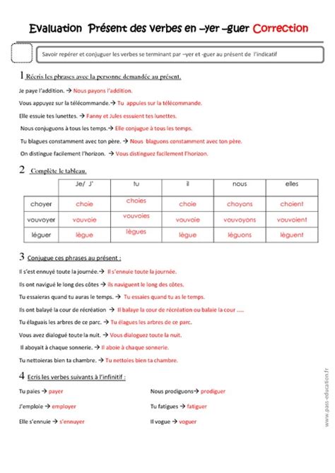Pr Sent Des Verbes En Yer Et Guer Cm Evaluation Pass Education