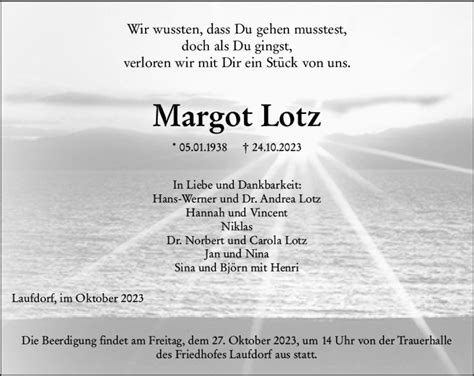 Traueranzeigen Von Margot Lotz Vrm Trauer De