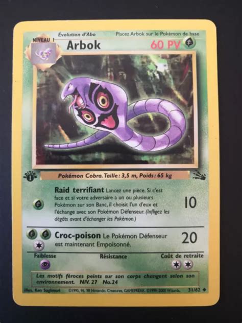 CARTE POKÉMON ARBOK 1ère édition Wizards Fossile 31 62 Etat