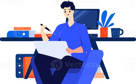 Hand Drawn A Male Character Is Sitting And Reading A Book In His Office In Flat Style 30330647 Png