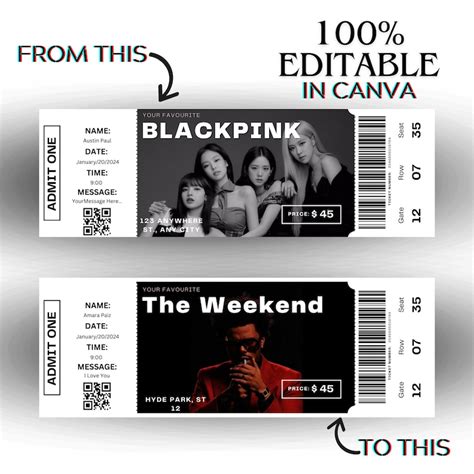 Editable Concert Ticket Canva Template Diy Concert Ticket Printable