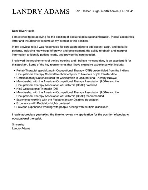 Pediatric Occupational Therapist Cover Letter Velvet Jobs
