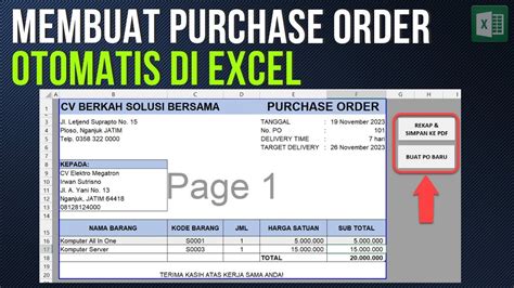 Membuat Purchase Order Otomatis Di Excel Rekap Simpan Ke Pdf Dan