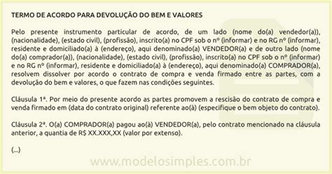 Modelo de Termo de Acordo para Devolução do Bem e Valores