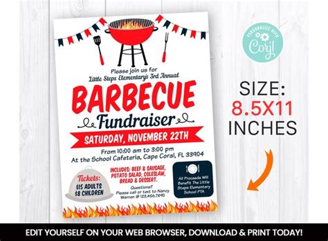 EDITABLE Barbecue Fundraiser Flyer Template Charity Non Profit Event