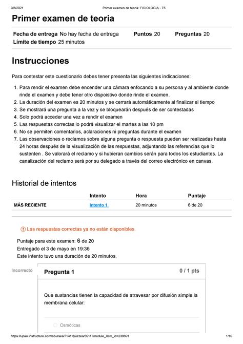 Primer Examen De Teoria Fisiologia T Primer Examen De Teoria Fecha