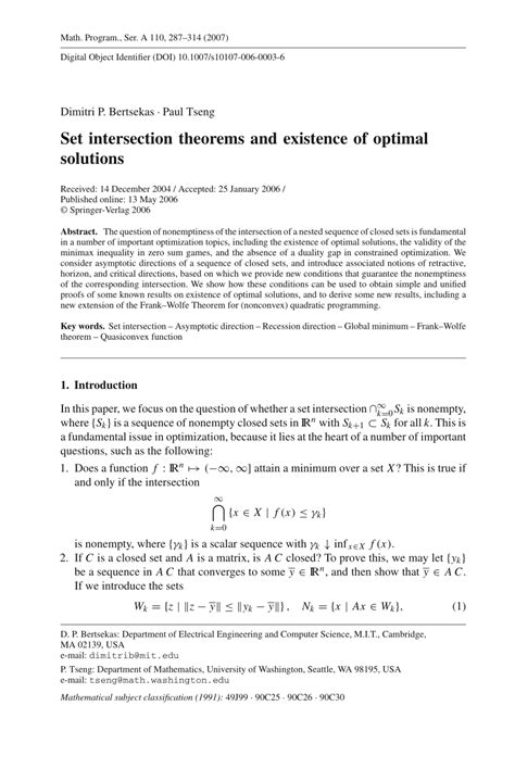 pdf set intersection theorems and existence of optimal solutions