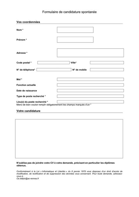 Formulaire De Candidature Spontan E Doc Pdf Page Sur