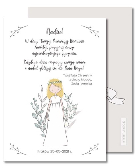 Życzenia na Komunię Świętą dla dziewczynki personalizowane Minimundo
