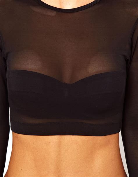 Lyst Asos Long Sleeve Mesh Crop Bikini Top In Black