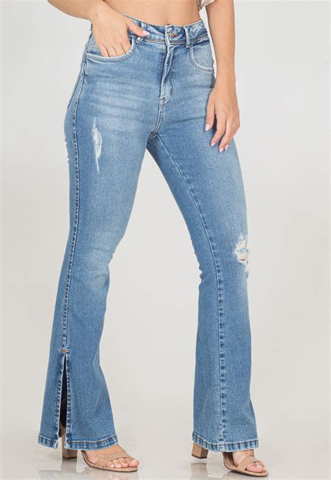 Calça Jeans Flare Feminina Fenda Desfiada Cintura Alta