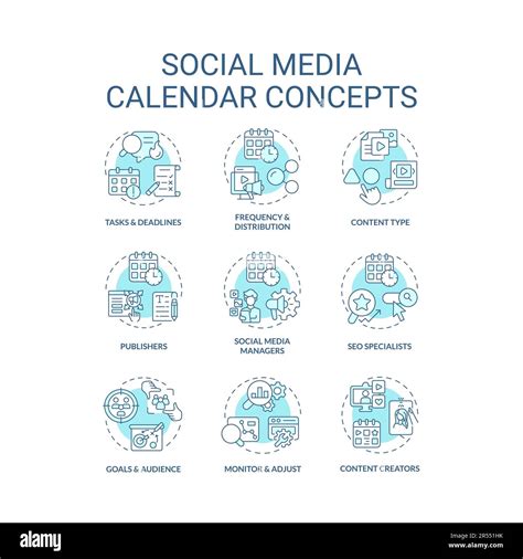 Social Media Calendar Turquoise Concept Icons Set Stock Vector Image