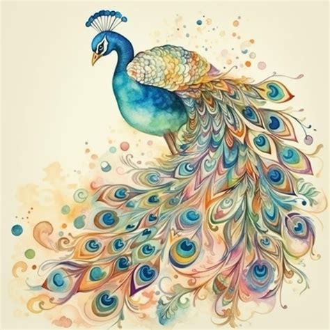 Una Pintura De Acuarela De Un Pavo Real Con Una Pluma De Colores
