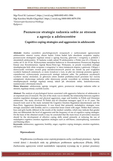 PDF Poznawcze Strategie Radzenia Sobie Ze Stresem A Agresja U