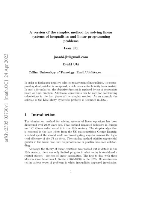 pdf a version of the simplex method for solving linear systems of inequalities and linear